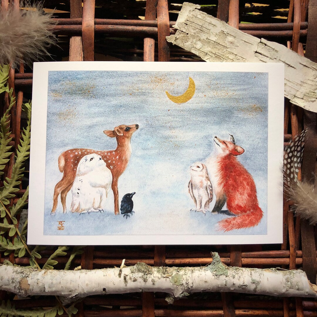All is Calm Embellished Fine Art Print Fawn, Fox, Owls, Raven ...