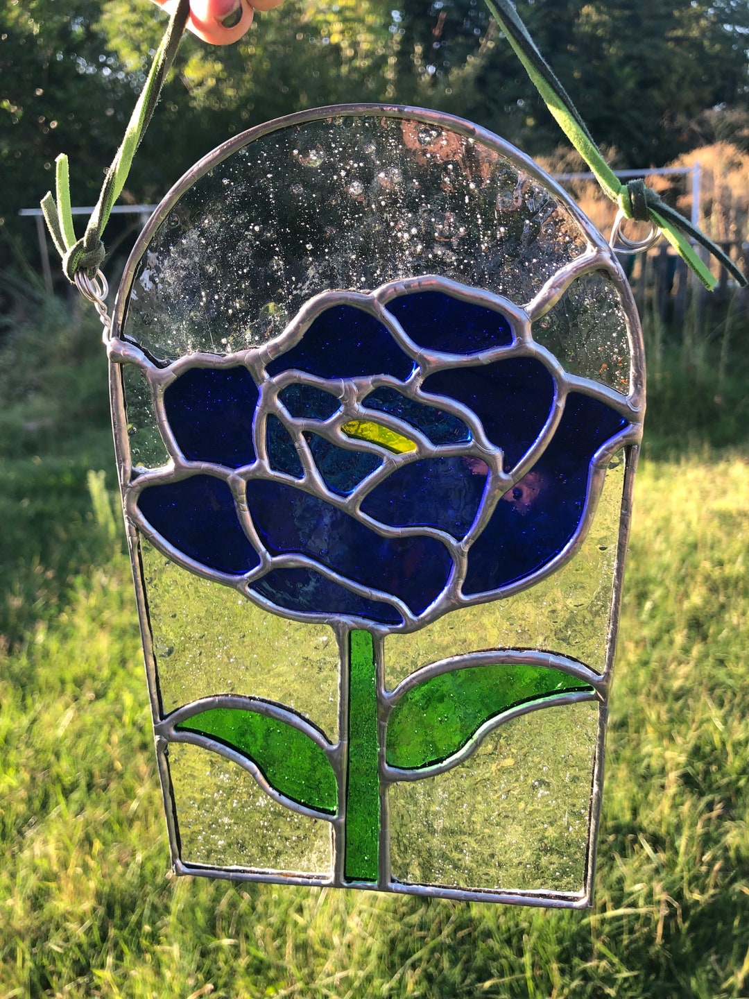 Blue Rose Flower Stained Glass Suncatcher Panel Authentic Handmade ...