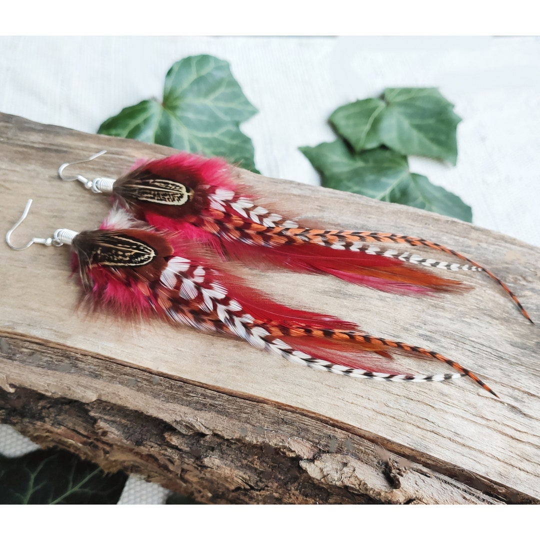 Dark Red Feather Earrings, Extra Long Real Feathers, Quirky Stripy ...