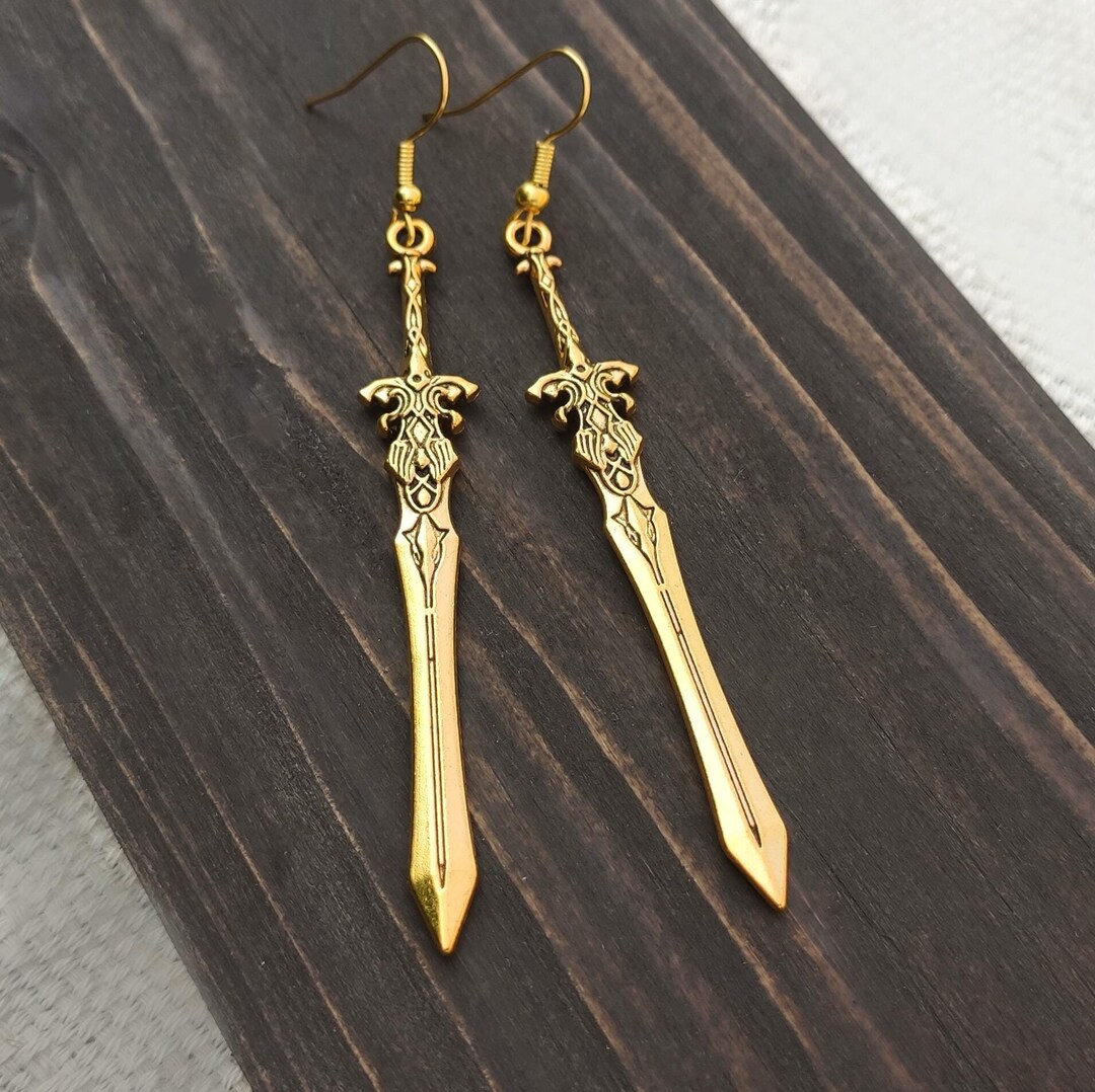 Long Gold Sword Earrings, Fantasy Medieval Weapon Jewelry, Blade Dagger ...