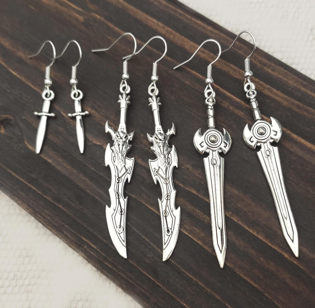 Silver Sword Earrings, Sci Fi Knight Space Battle Weapon Jewelry, Long ...