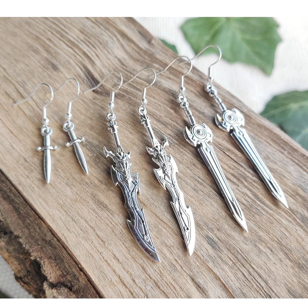 Silver Sword Earrings, Sci Fi Knight Space Battle Weapon Jewelry, Long ...