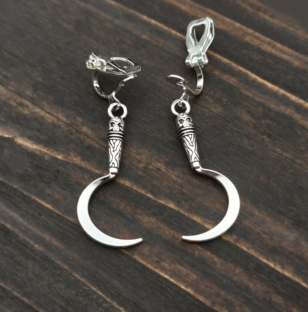 Clip on Sickle Sword Earrings, Fantasy Medieval Weapon Scythe Jewelry ...