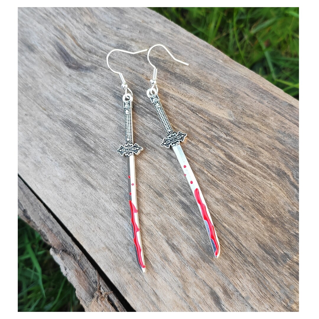 Samurai Sword Earrings With Red Blood, Knife Weapon Jewelry, Long ...