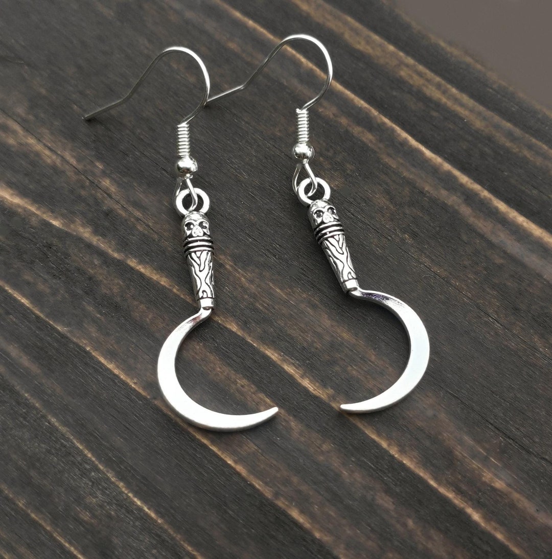 Silver Sickle Sword Earrings, Fantasy Medieval Weapon Scythe Jewelry ...