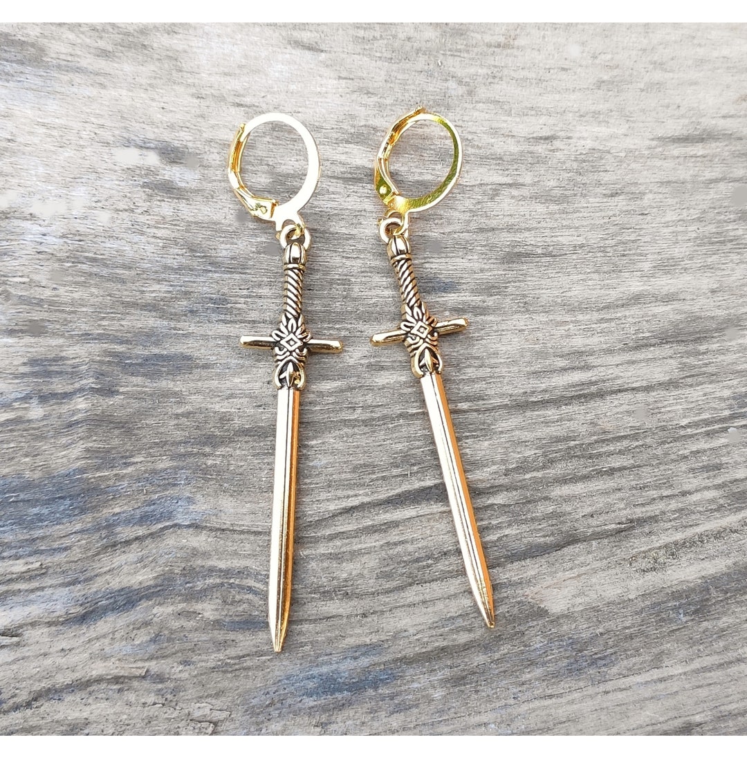 Long Gold Sword Earrings, Fantasy Space Weapon Jewelry Sci Fi Blade ...