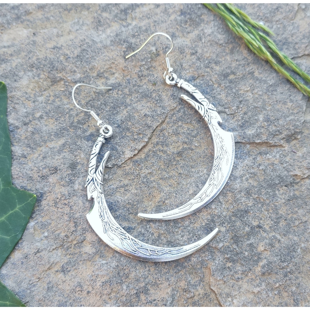 Large Silver Sickle Sword Earrings, Fantasy Medieval Weapon Scythe ...