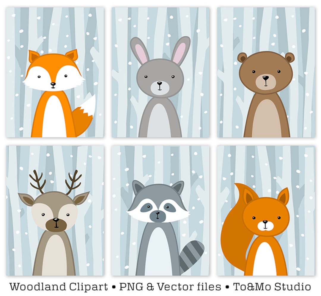 Woodland Animals Cute Winter Clip Art Poster & Vectors - Invitation ...