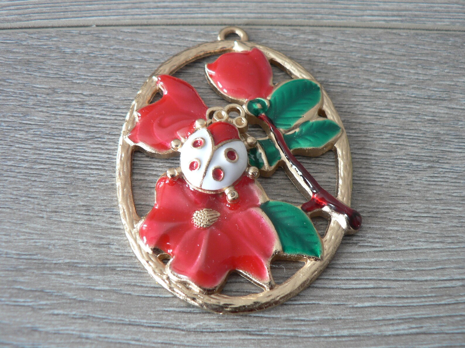 Large Lady Bug Pendant Enamelled Gold Metal Lady Bug on Red | Etsy