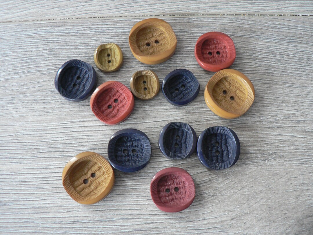 Vintage Faux Wood Buttons Blue Mustard Yellow Red 2 trous - Etsy France