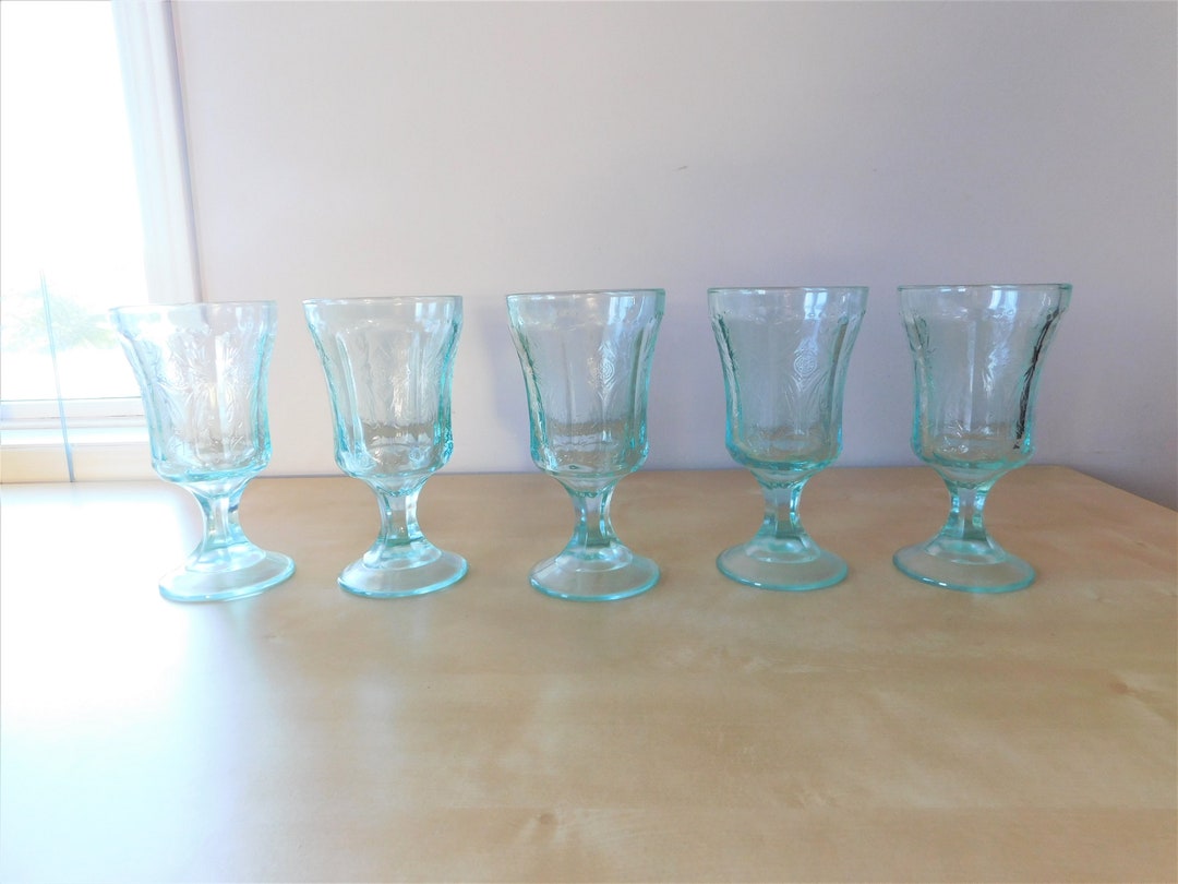 5 five Aqua Blue Glass Goblets Indiana Glass Recollection Goblets ...