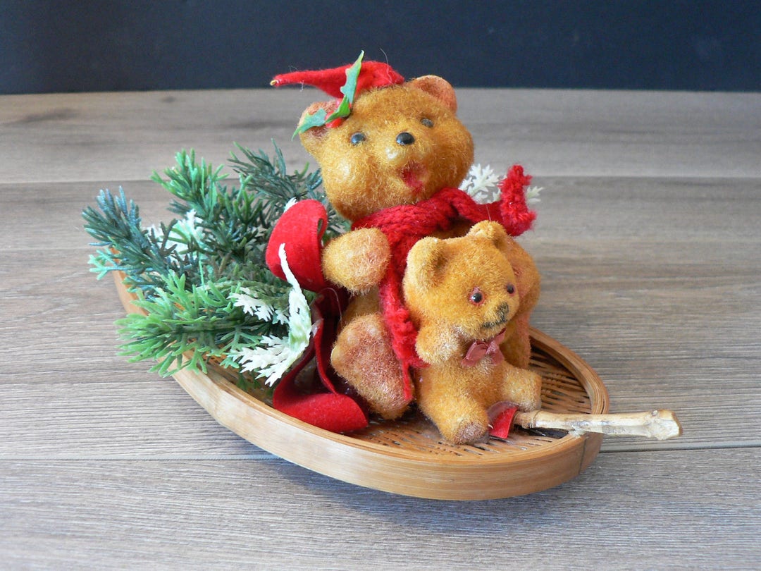 Vintage 70's Flock Teddy Bears on Sleigh Christmas Decor - Cute ...