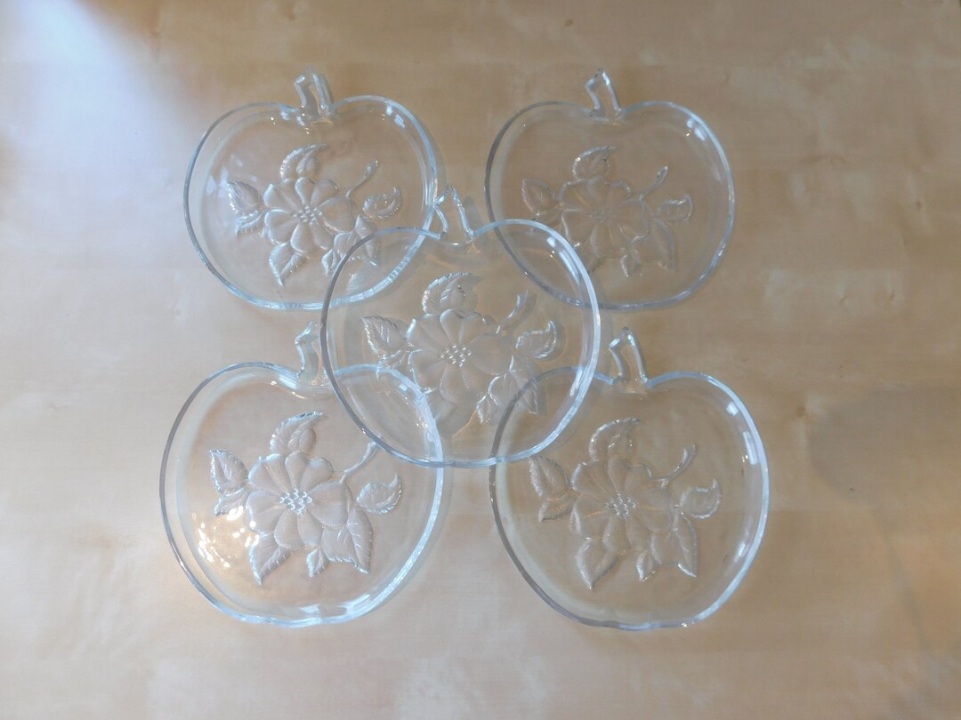 5 (five) Glass Apple Luncheon Plates With Embossed Apple Blossom Design ...