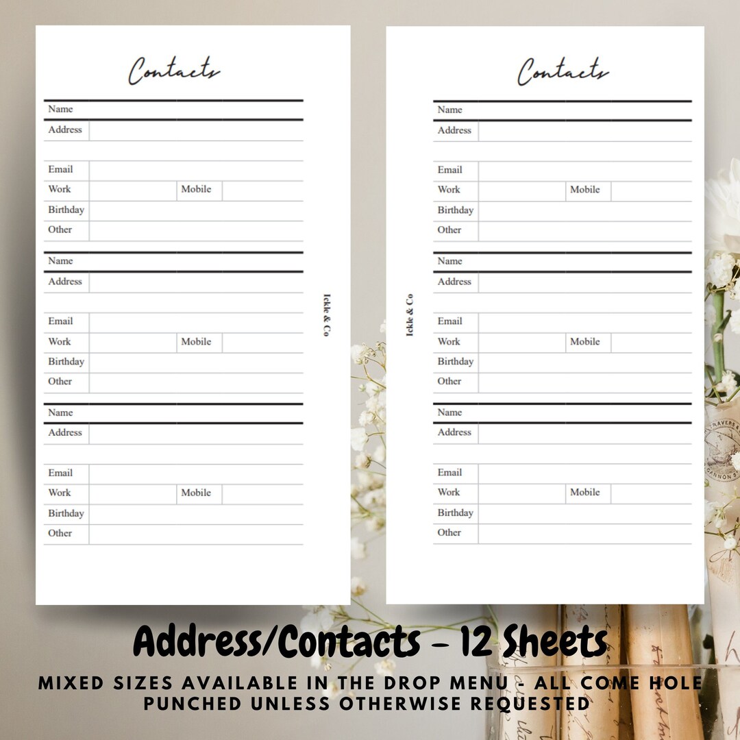 12 Sheets Printed Inserts A5 Address and Contacts Insert Addresses ...