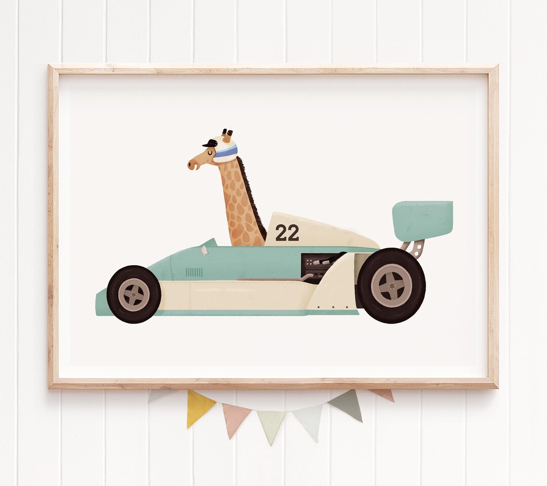Giraffe in Racing Car Nursery Art Print - Vintage Race Car Baby Room ...