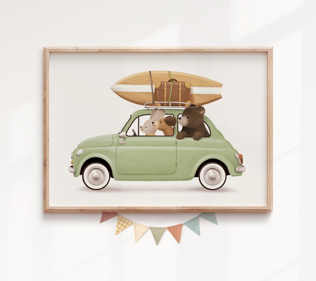Sage Green Vintage Car Nursery Print, Coastal Themed Wall Art, Woodland ...