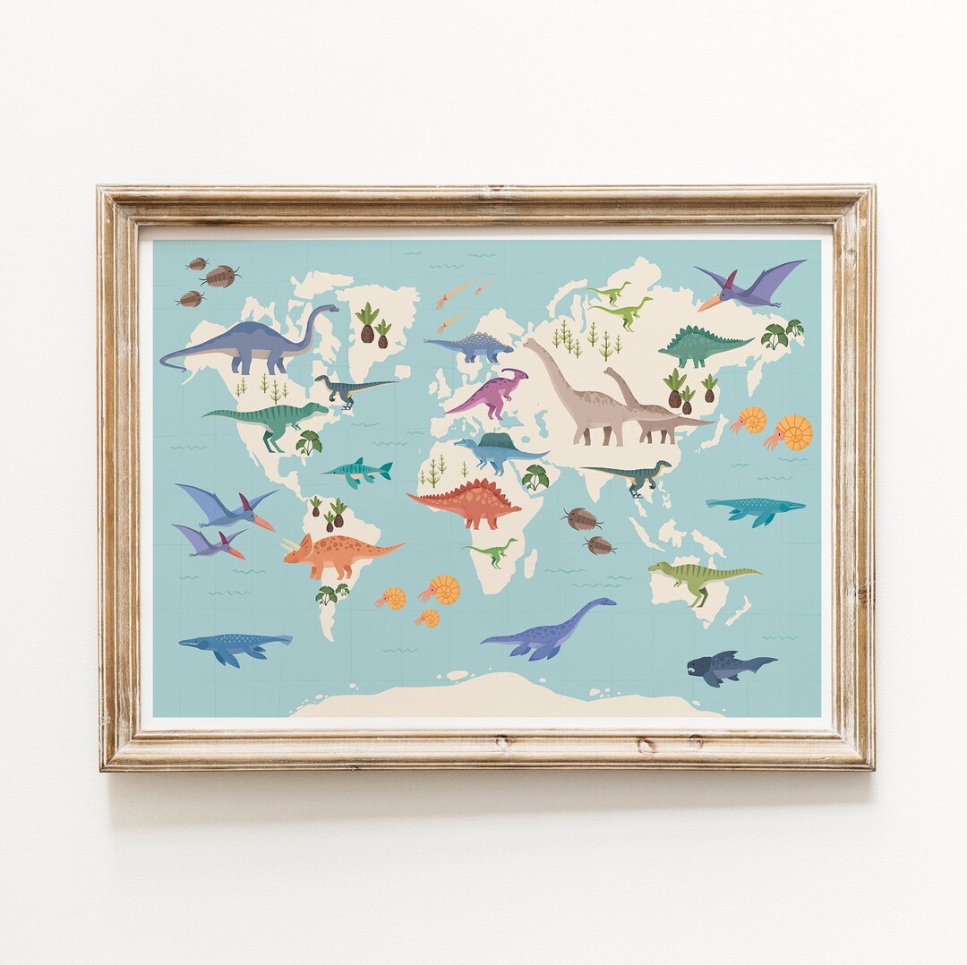 World Map Print, Dinosaurs Print, Dinosaurs Map, Nursery Dinosaurs ...