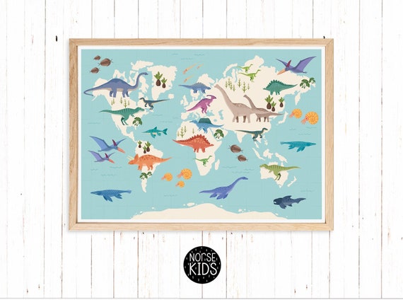 World map print Dinosaurs print Dinosaurs map Nursery | Etsy