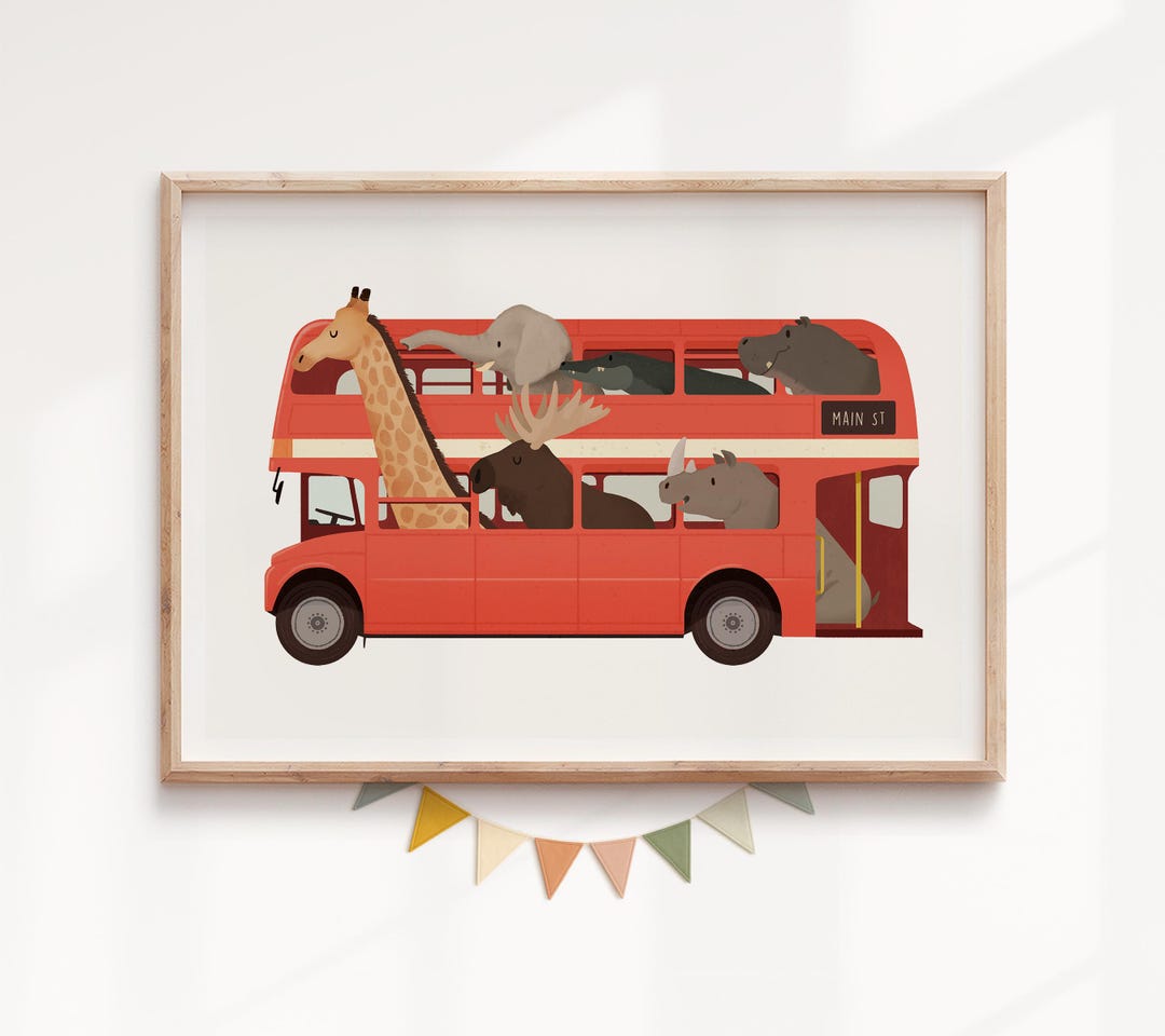 London Bus Nursery Print: Whimsical Animals, Kids Room Decor - Etsy