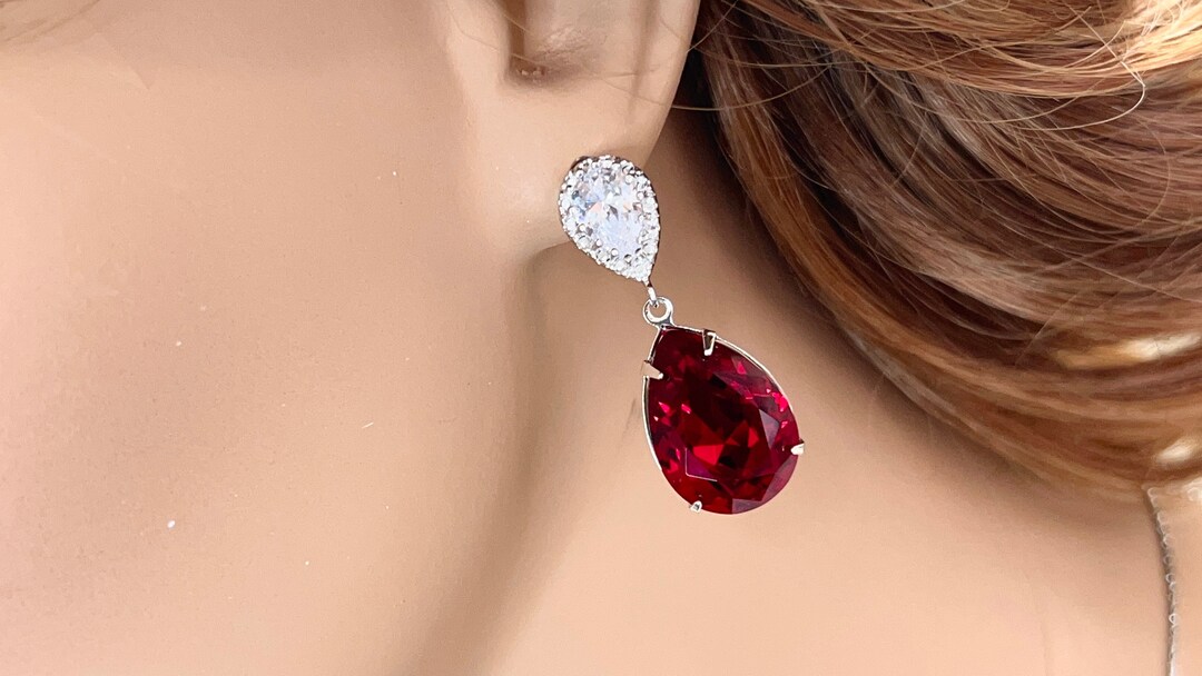 Siam Red Earrings Drop, Siam Stone Earrings Silver Teardrop, Swarovski ...