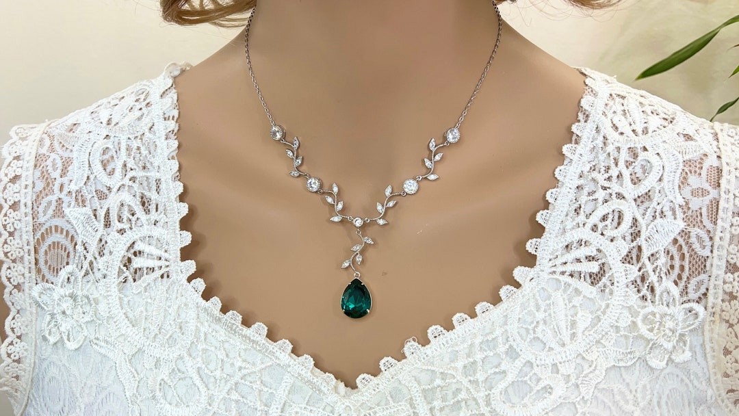 Dark Teal Necklace, Vine Necklace for Bride, Y Necklace Wedding, Dark ...