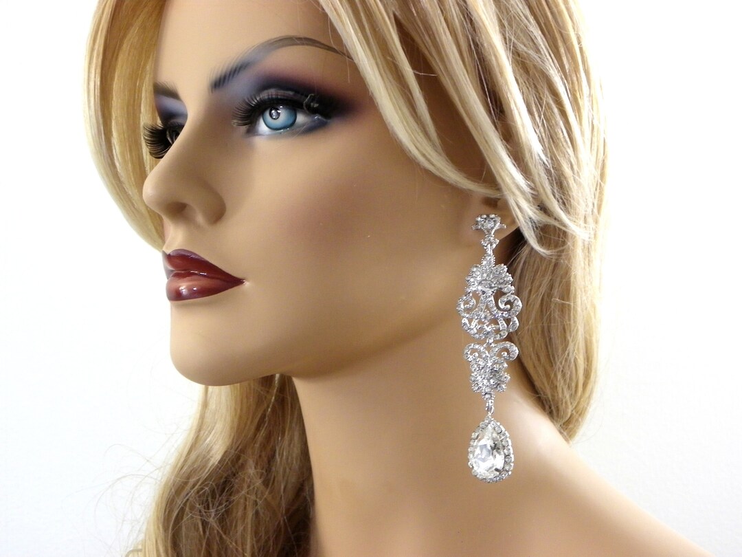 Clip on Chandelier Earrings Silver, Crystal Wedding Earrings, Teardrop ...