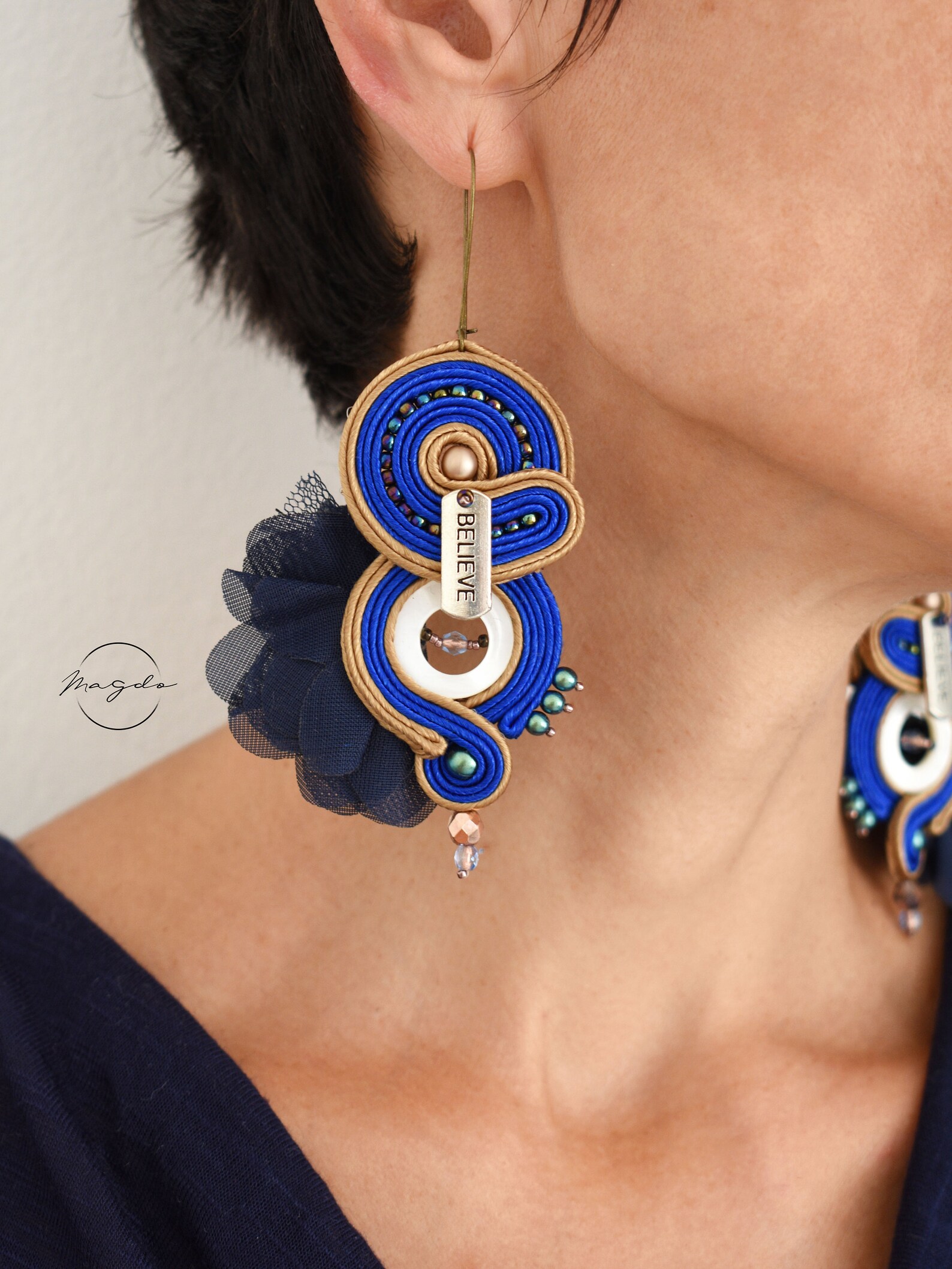 Soutache Earrings in Blue and Hazel, Believe Tag Earrings ...