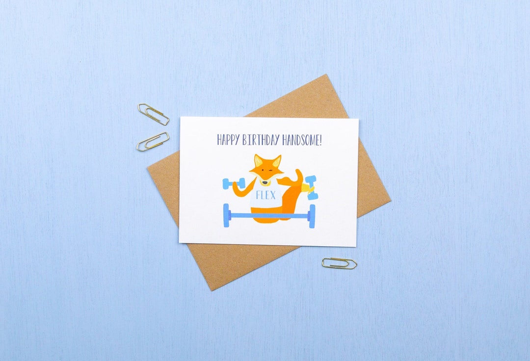 Fox Gym Birthday Card- Happy Birthday Handsome! Card- Weight Lifting ...