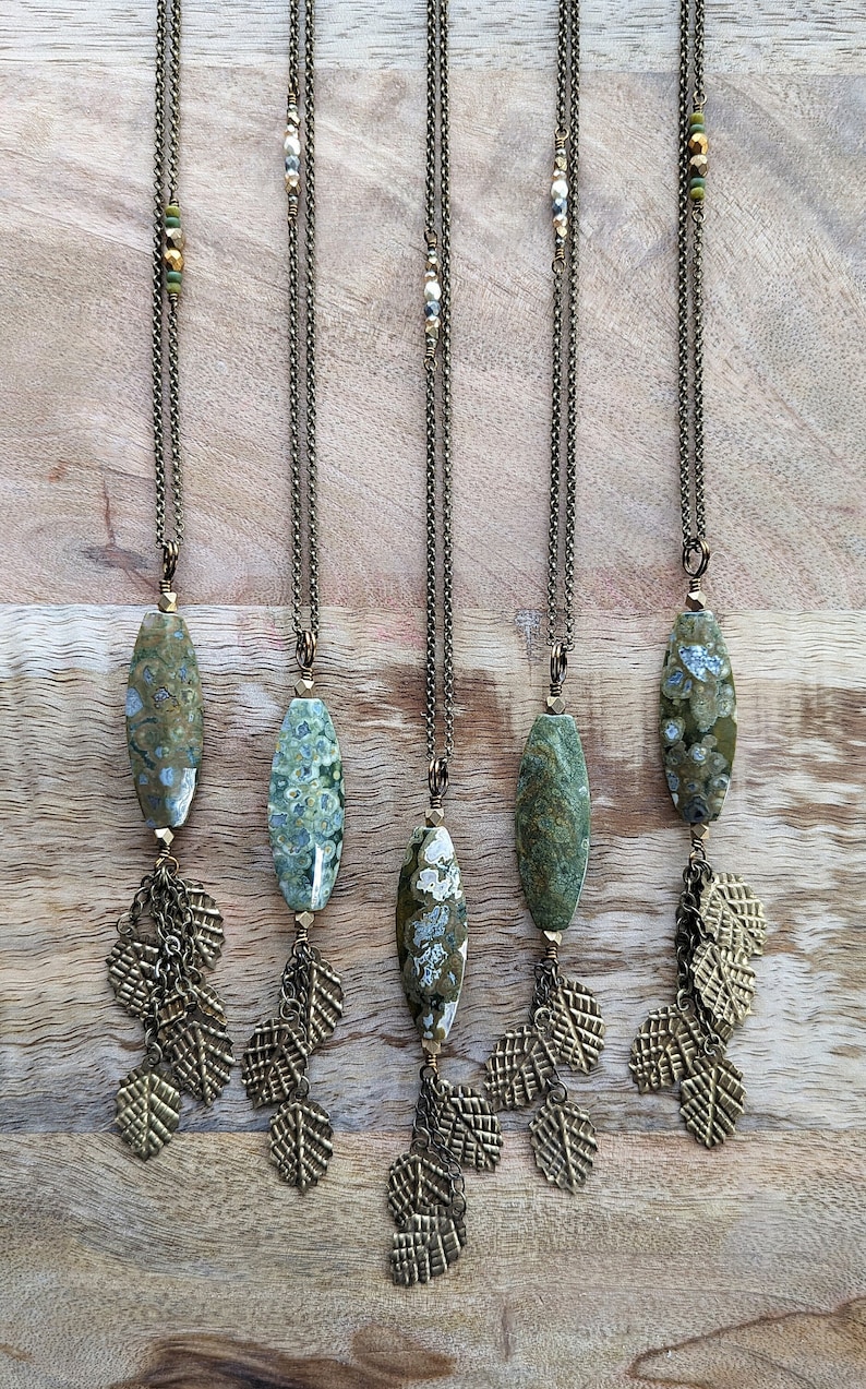 Rhyolite Jasper Necklace With Brass Leaf Tassel - Rainforest Jasper ...