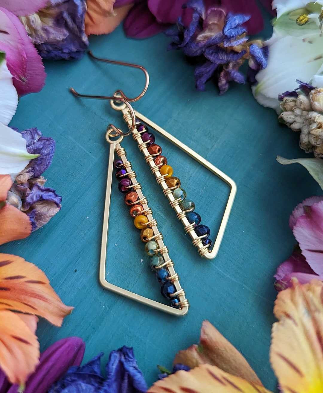 Beaded Triangle Earrings in Satin Gold > Firebird Colorway - Purple ...