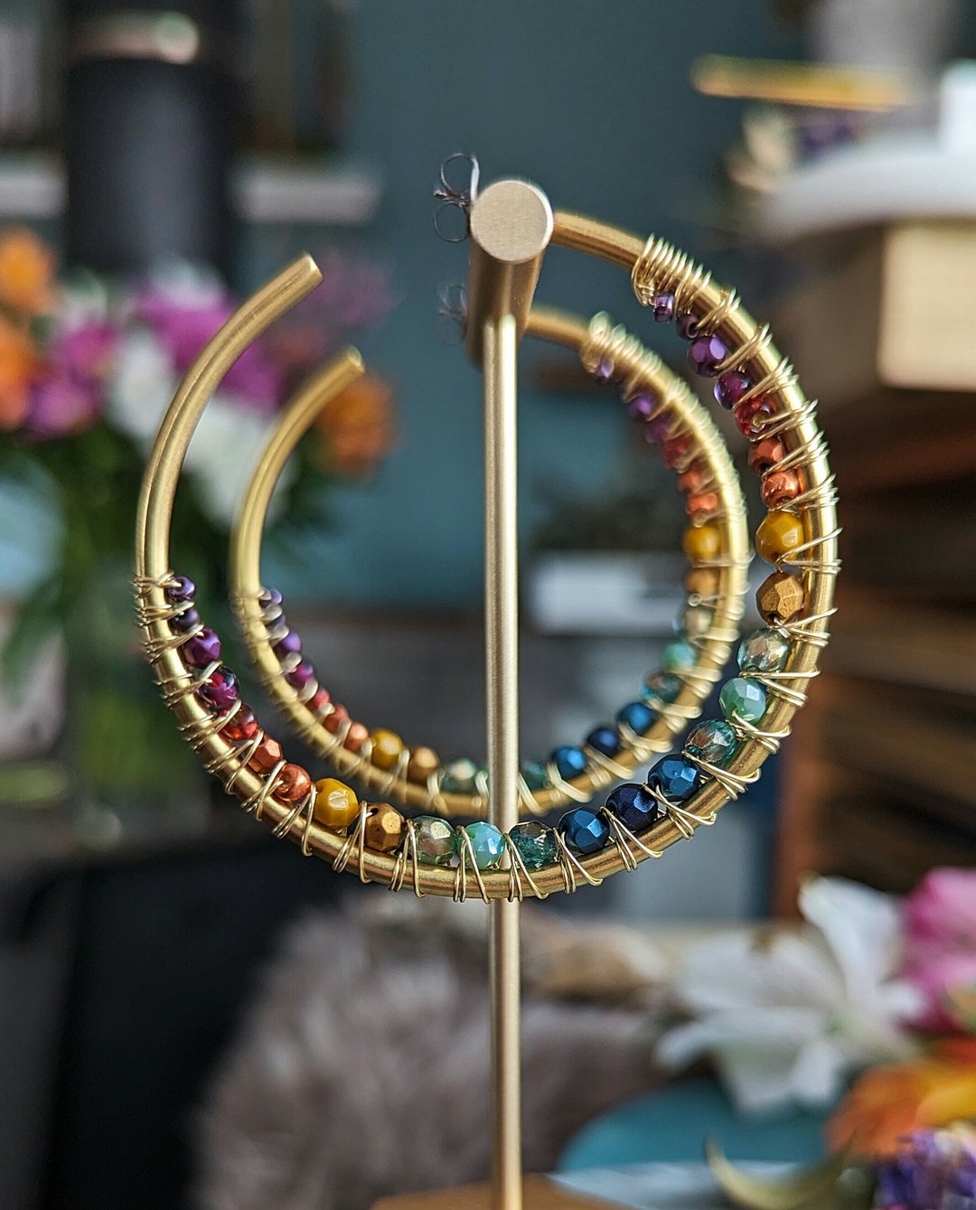 Beaded, Big Hoop Earrings in Gold > Firebird Colorway - Eggplant, Red ...