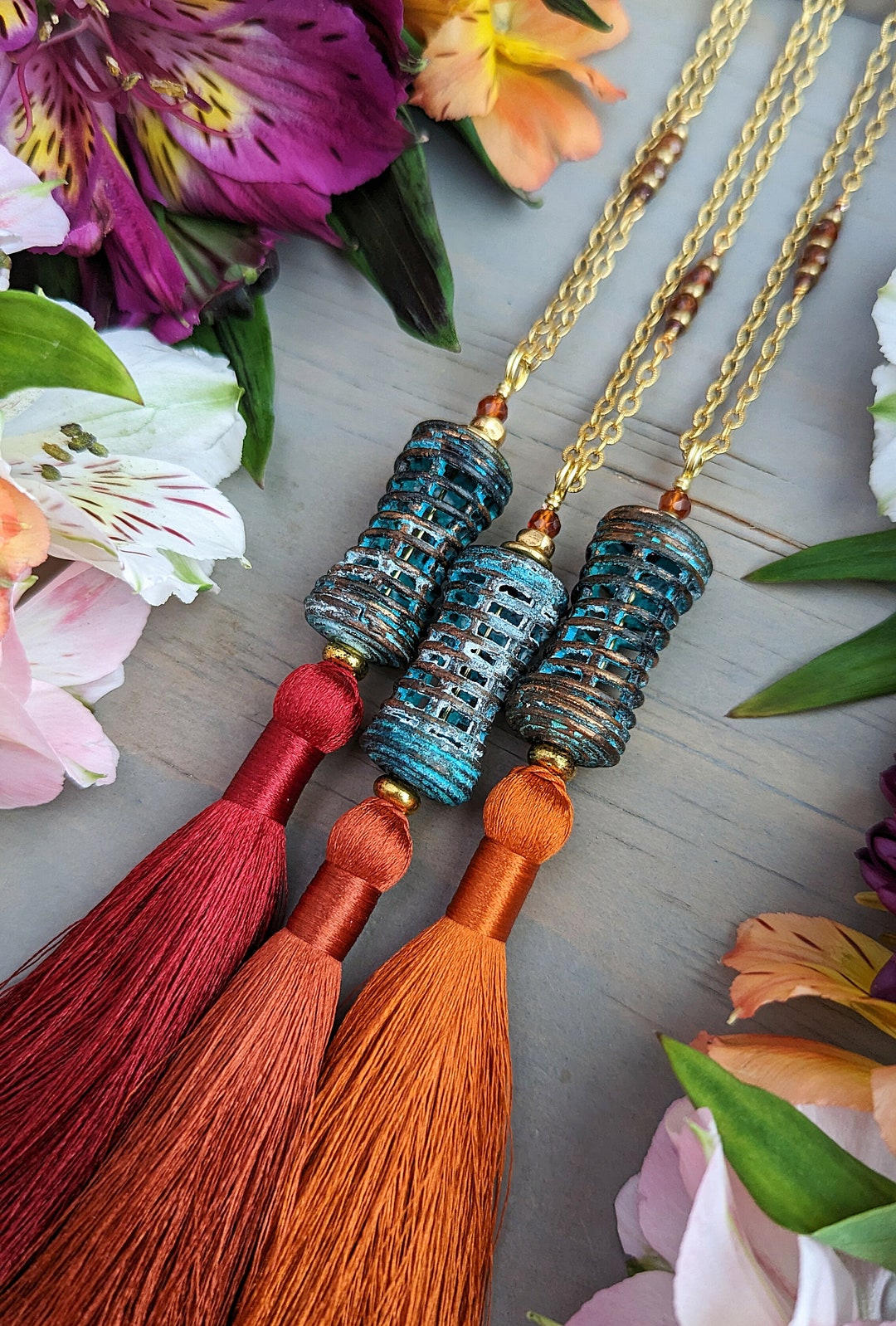 Boho Silk Tassel Necklace > Crimson, Red-orange, or Burnt Orange Tassel ...