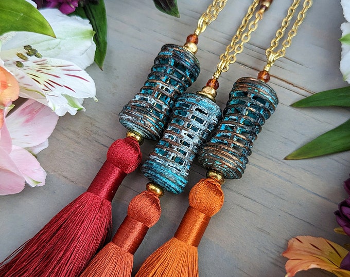 Boho Silk Tassel Necklace > Crimson, Red-orange, or Burnt Orange Tassel ...
