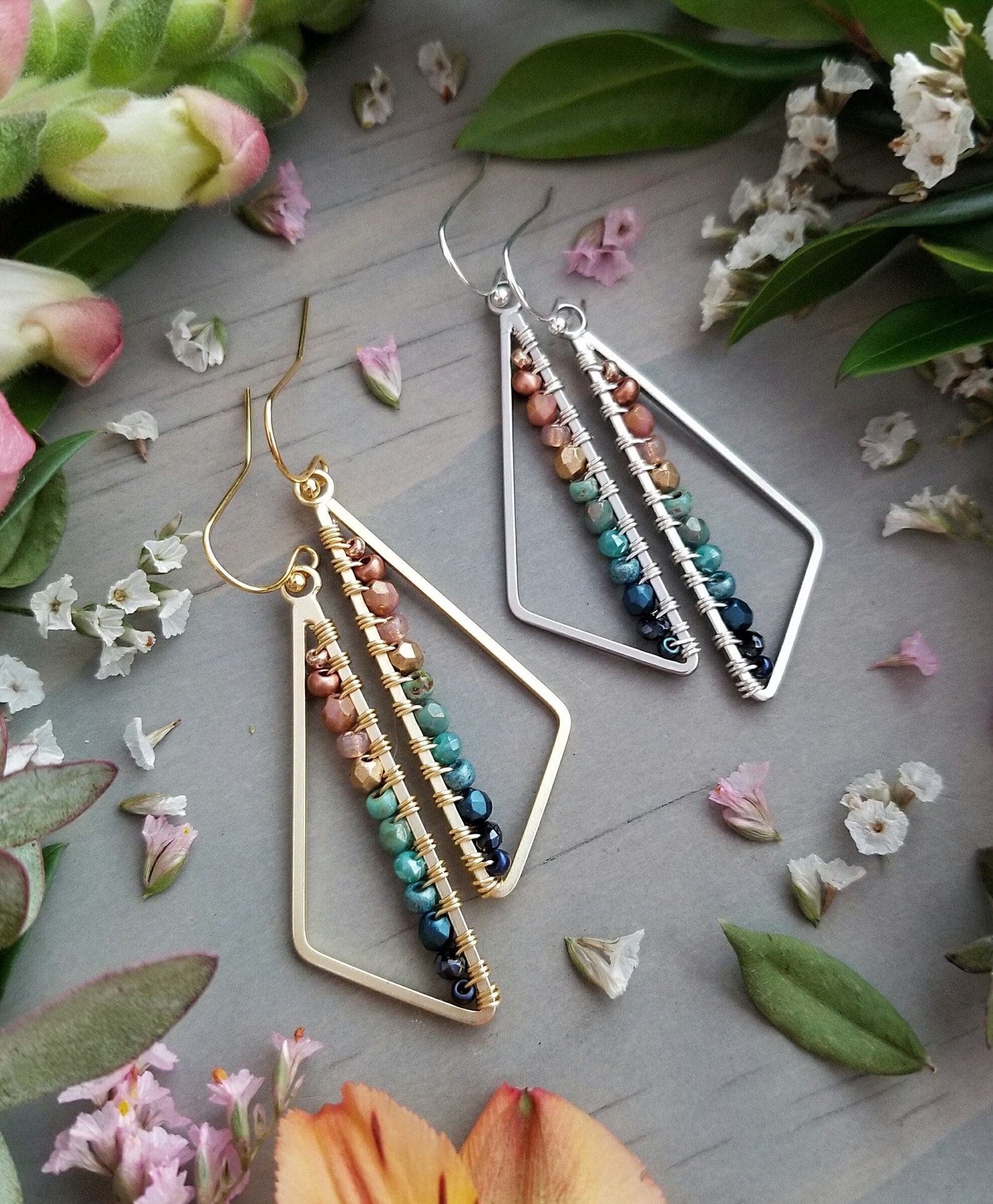 Beaded Triangle Earrings in Satin Gold Copper Dusty - Etsy