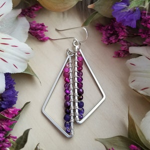 Beaded Triangle Earrings in Satin Silver >> Pink, Fuchsia, Purple ...