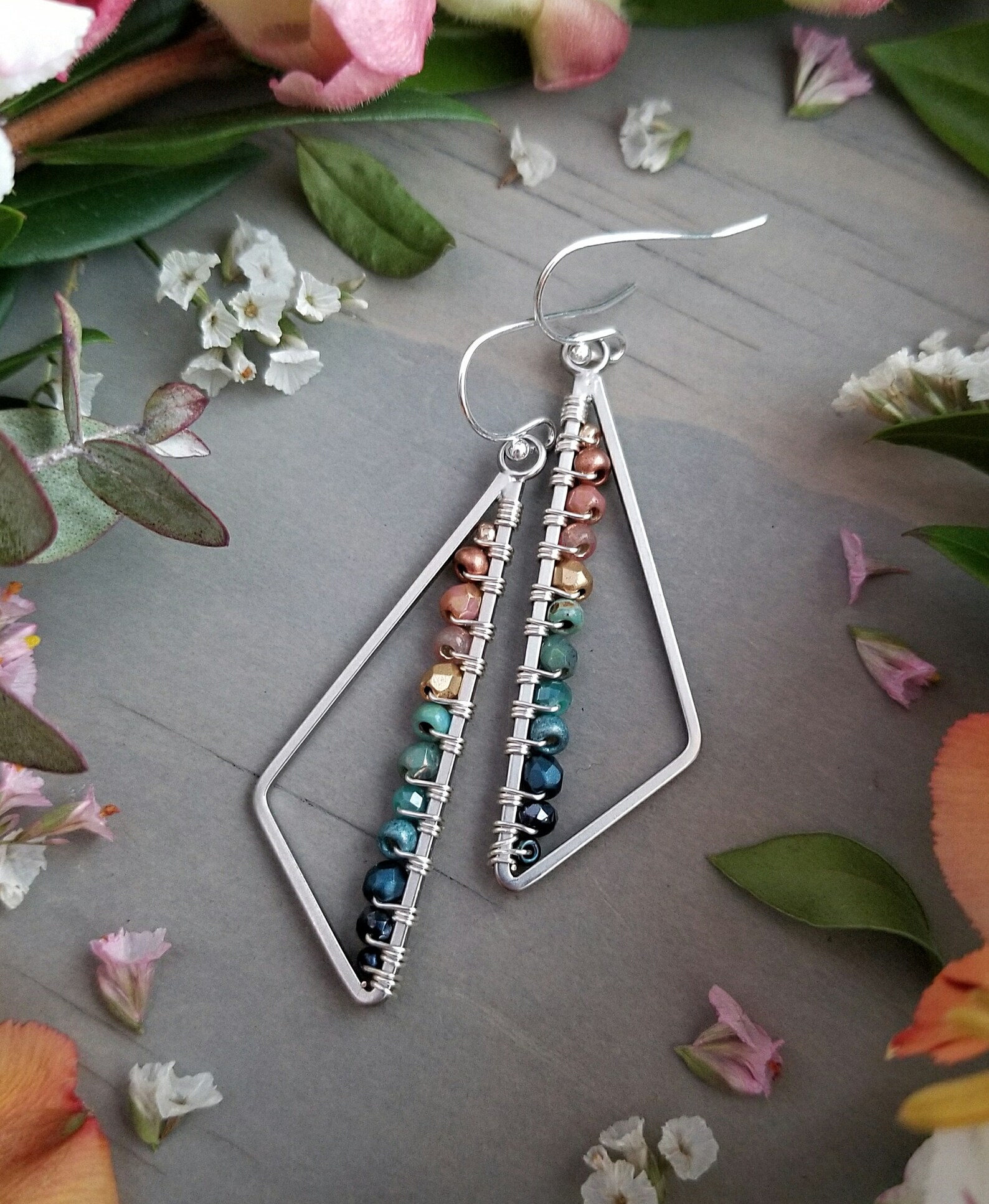 Beaded Triangle Earrings in Satin Silver Copper - Etsy