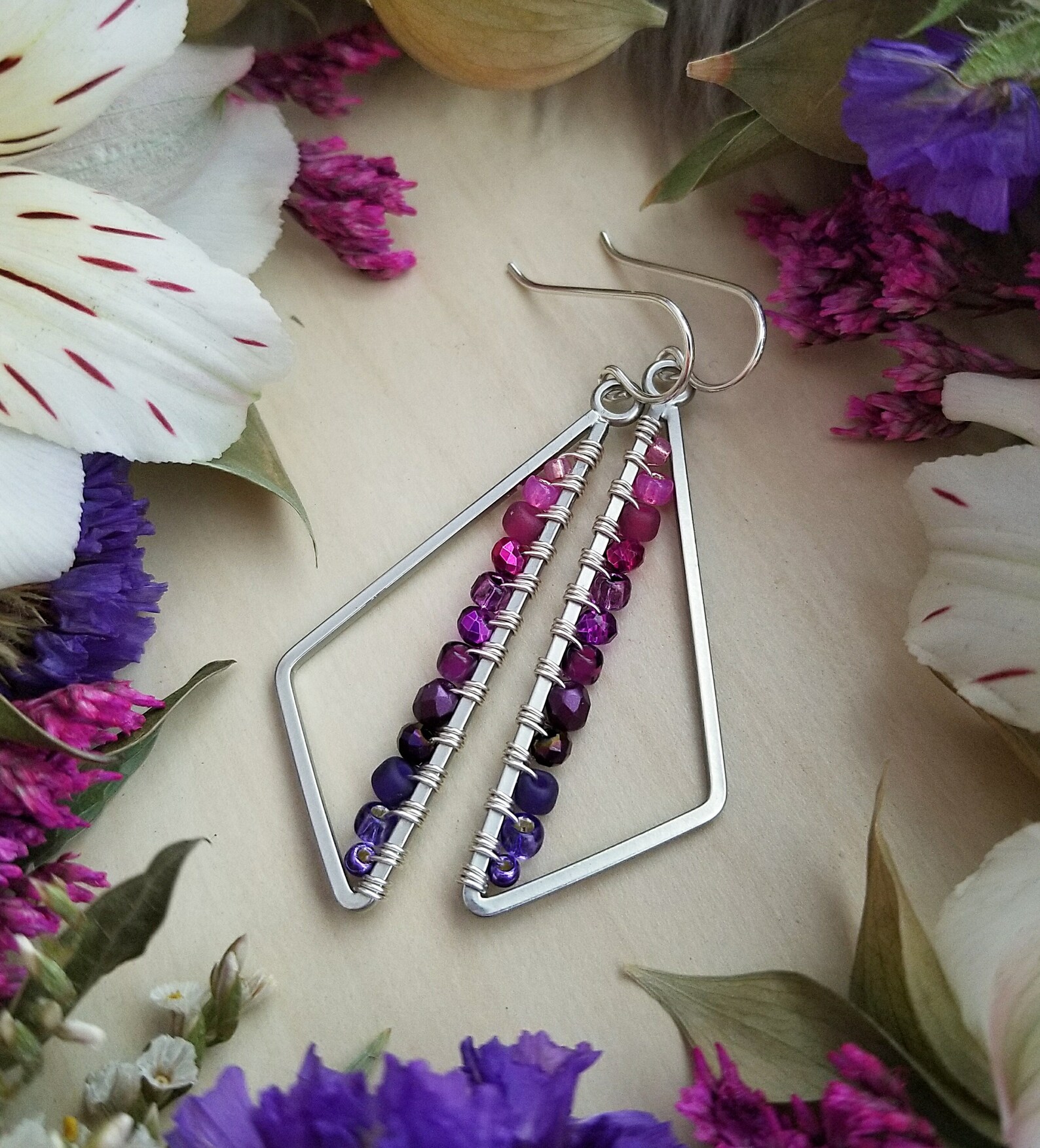 Beaded Triangle Earrings in Satin Silver Pink - Etsy