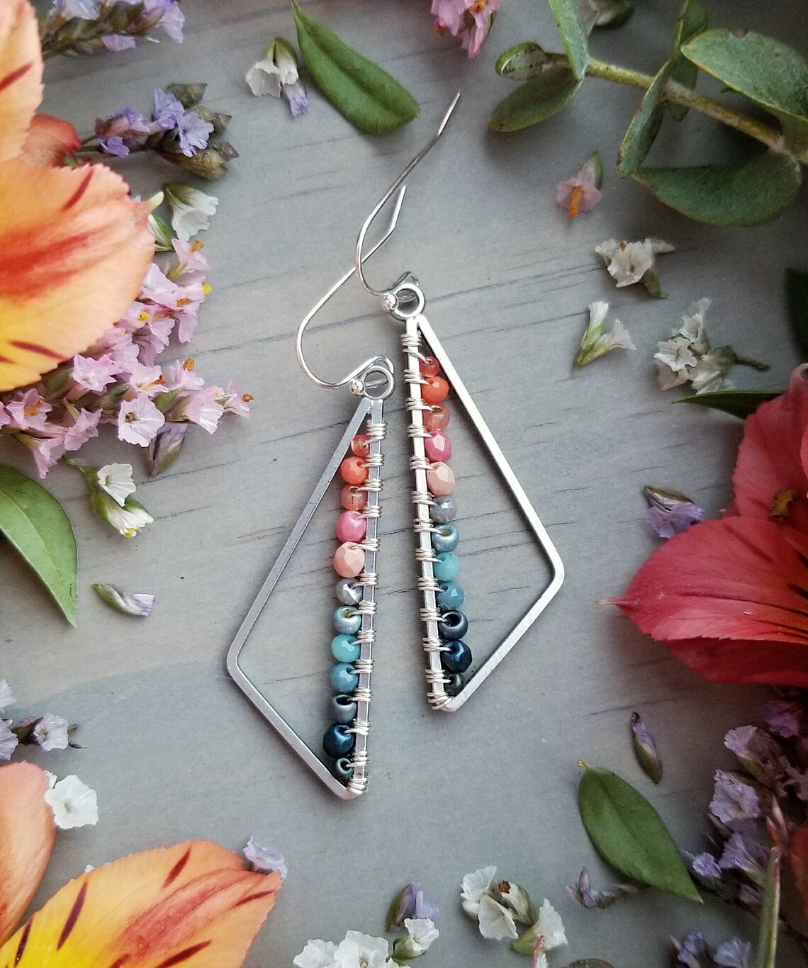 Beaded Triangle Earrings in Satin Silver Coral - Etsy