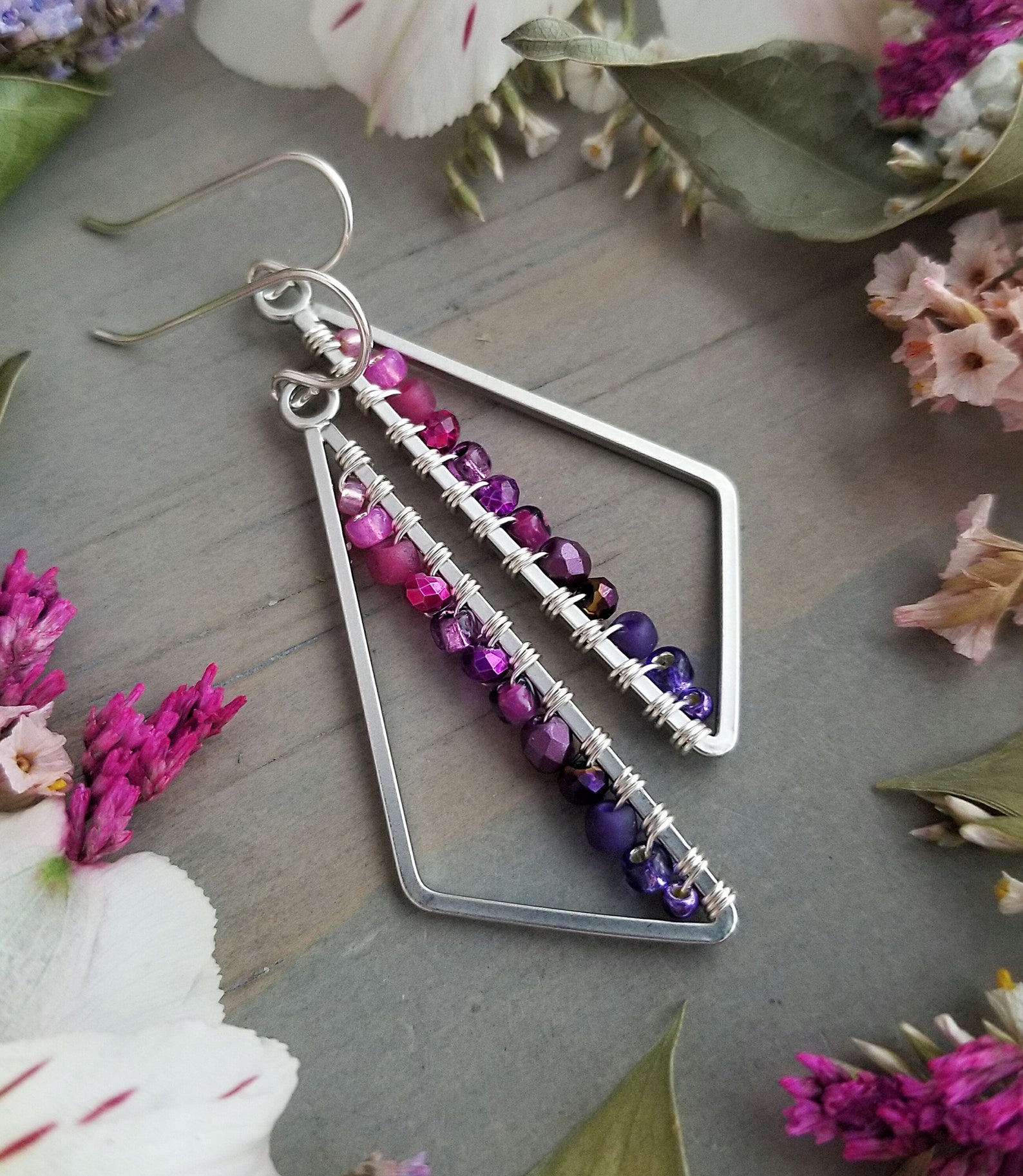 Beaded Triangle Earrings in Satin Silver Pink - Etsy