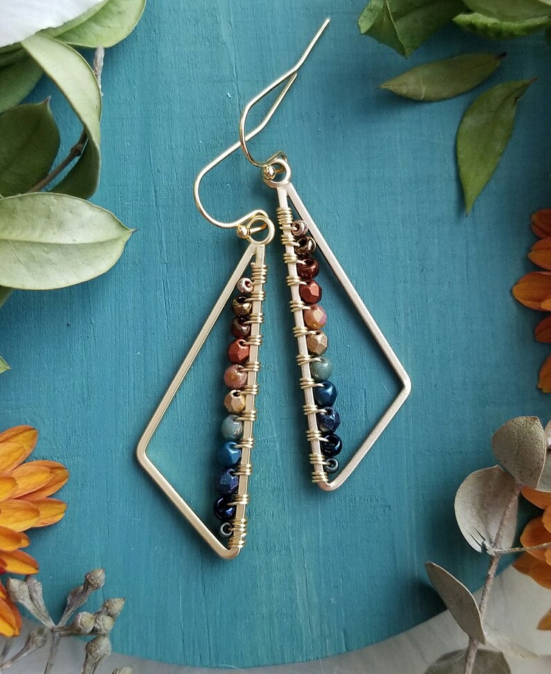 Beaded Triangle Earrings in Satin Gold Rainbow - Etsy