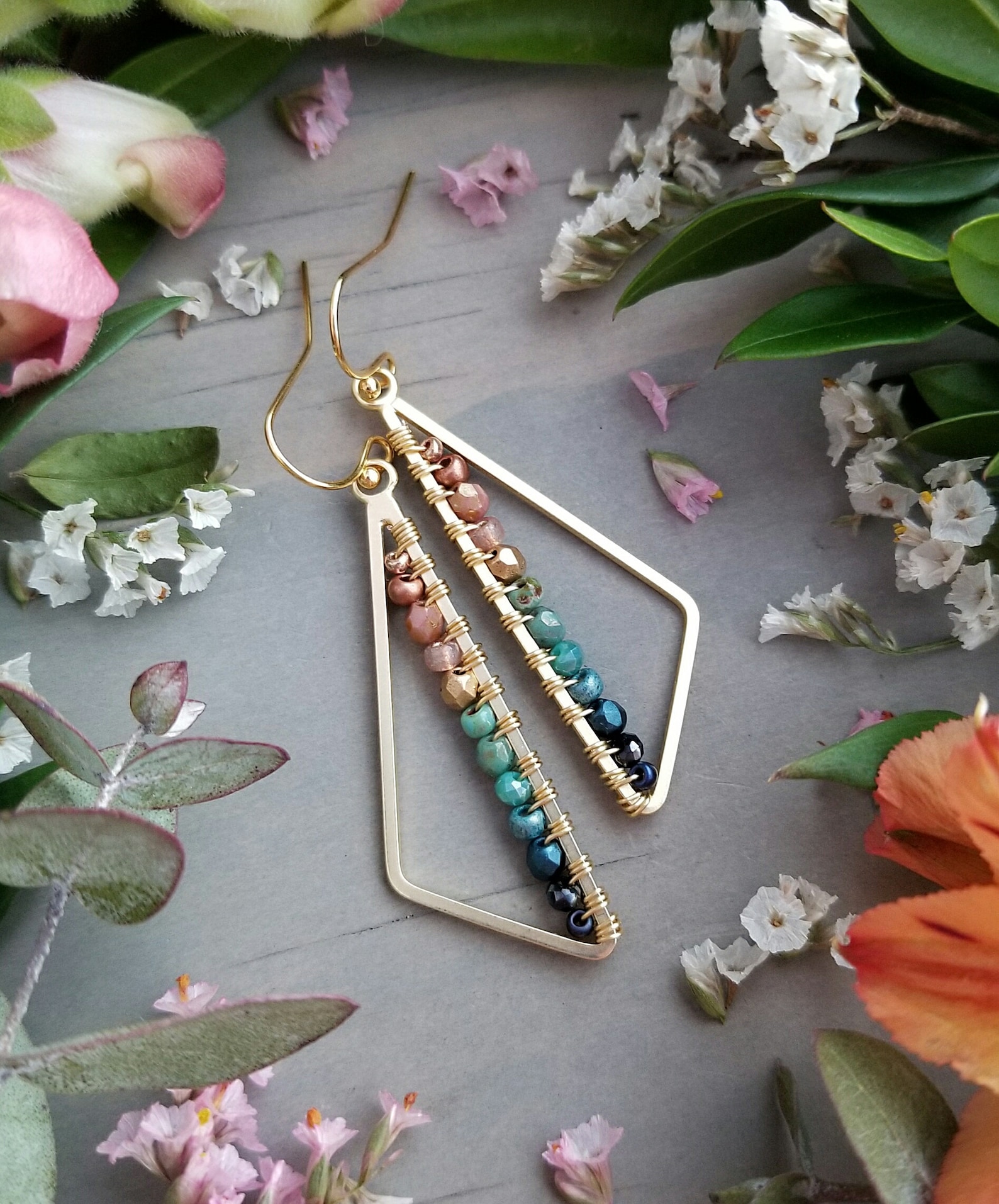 Beaded Triangle Earrings in Satin Gold Copper Dusty - Etsy