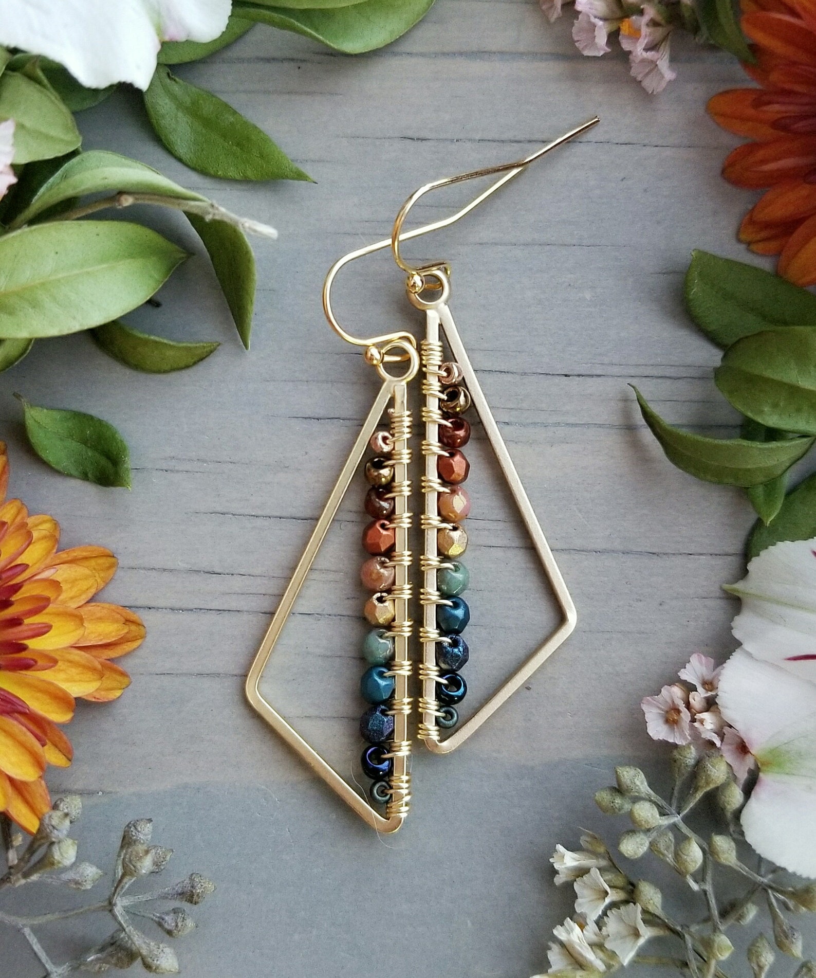 Beaded Triangle Earrings in Satin Gold Rainbow - Etsy
