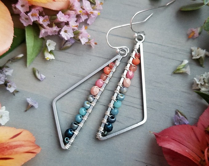 Beaded Triangle Earrings in Satin Silver Coral - Etsy