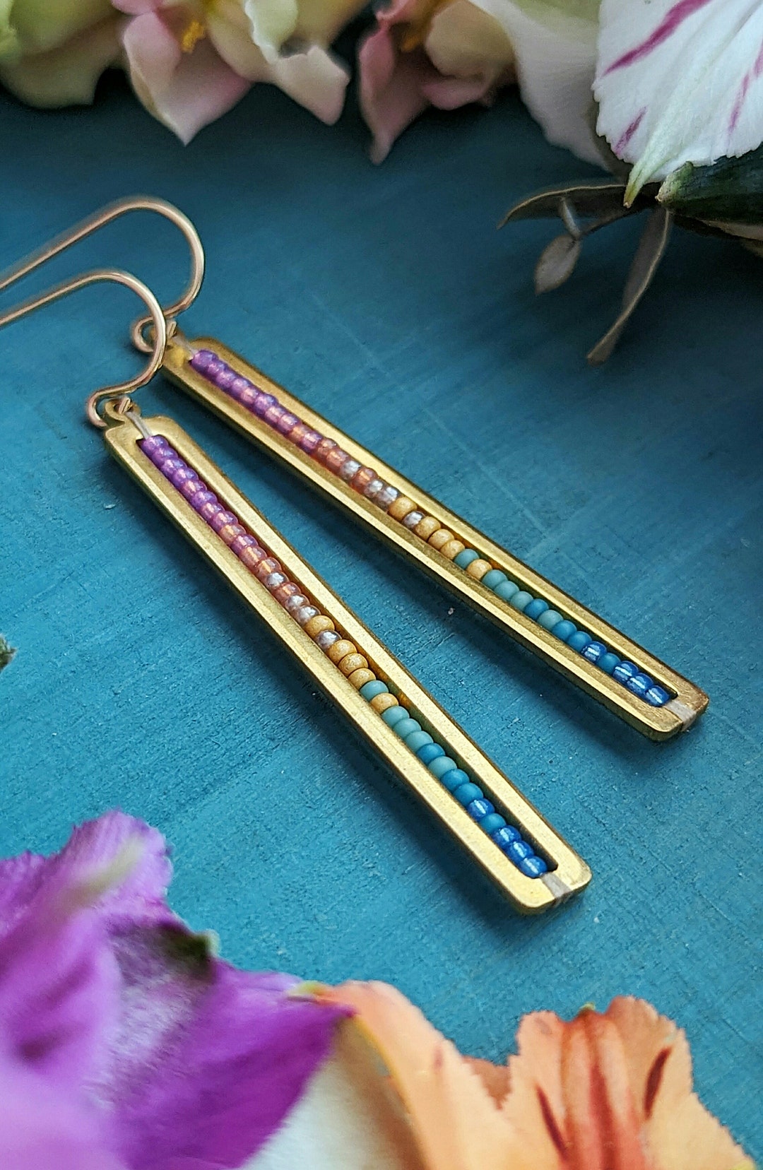 Beaded Stick Earrings in Gold > Summer Dawn Colorway - Bright Lilac ...