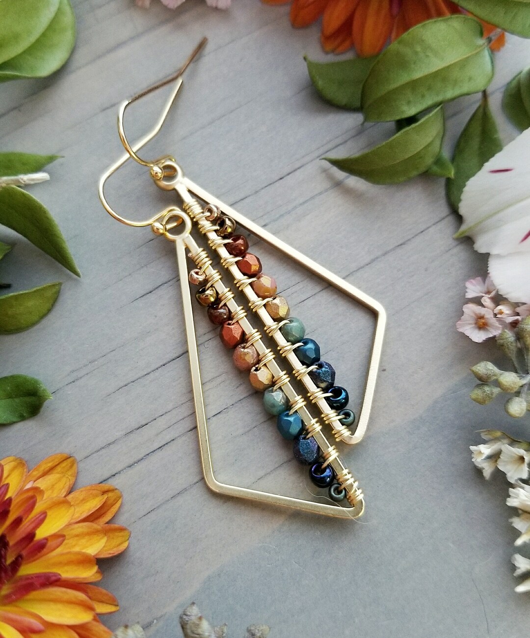 Beaded Triangle Earrings in Satin Gold >> Rainbow, Bronze, Red, Copper ...