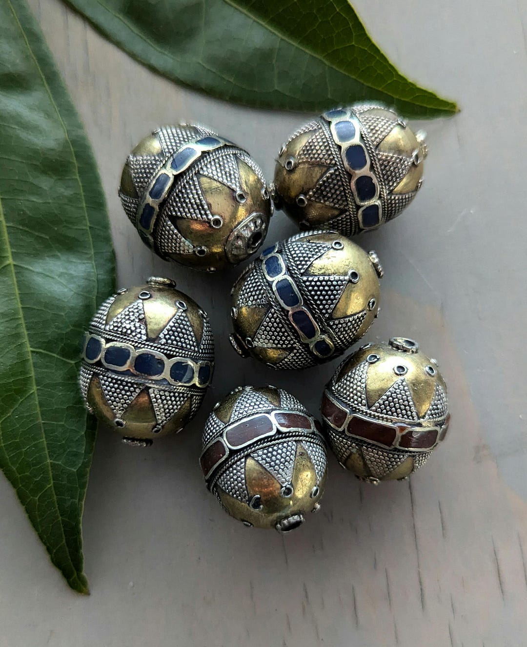 Textured Brass Oval Beads With Resin Inlay - 4 or 2 Pcs - Turkman Brass ...