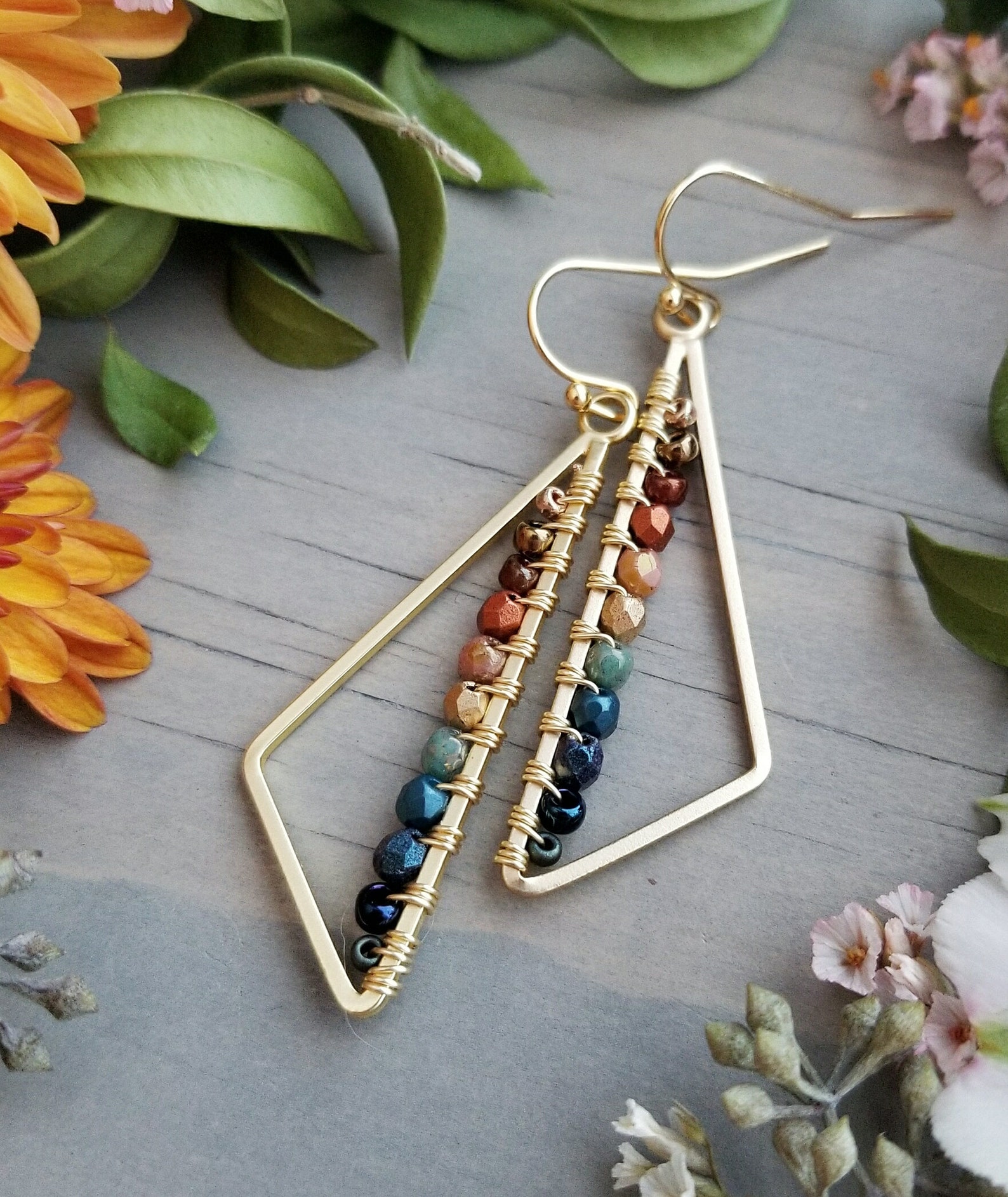 Beaded Triangle Earrings in Satin Gold Rainbow - Etsy