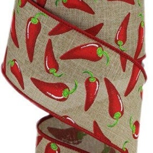2.5" X 10 YDS Beige & Red Chili Pepper on Faux Royal Wired Ribbon ...