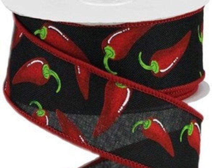 1.5" X 10 YDS Black & Red Chili Pepper on Faux Royal Wired Ribbon ...