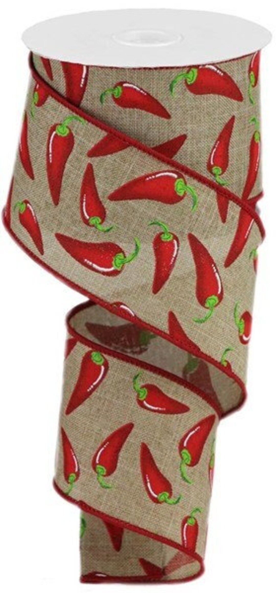 2.5" X 10 YDS Beige & Red Chili Pepper on Faux Royal Wired Ribbon ...